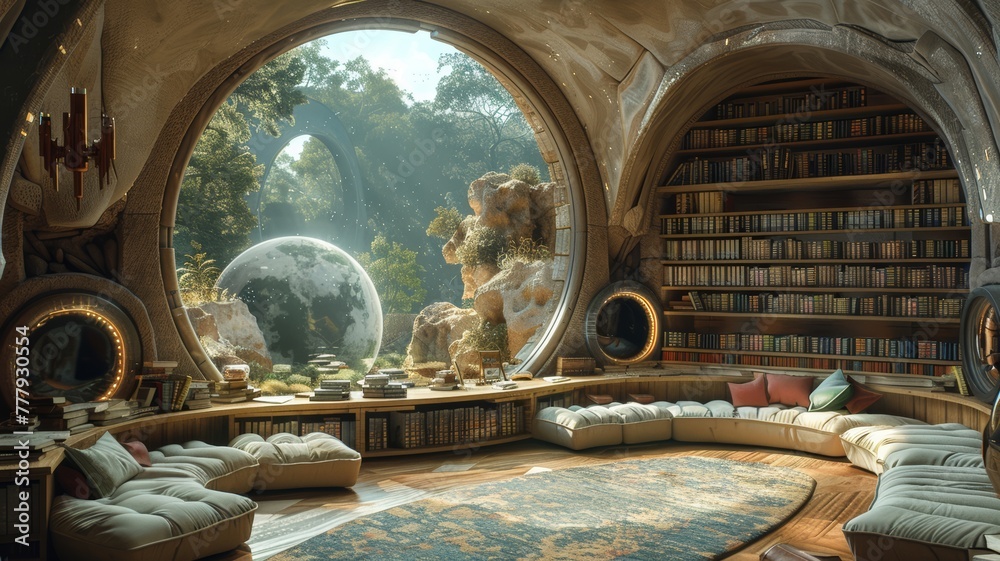 Space station library, astronauts reading in zero gravity, cosmic ...