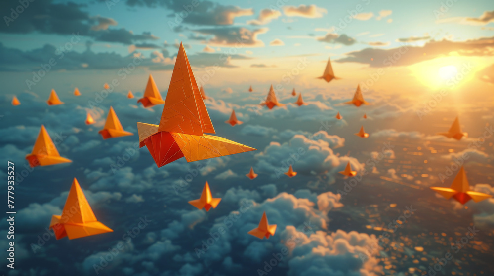 School notebook background. 3d flying yellow paper airplanes. Vector ...