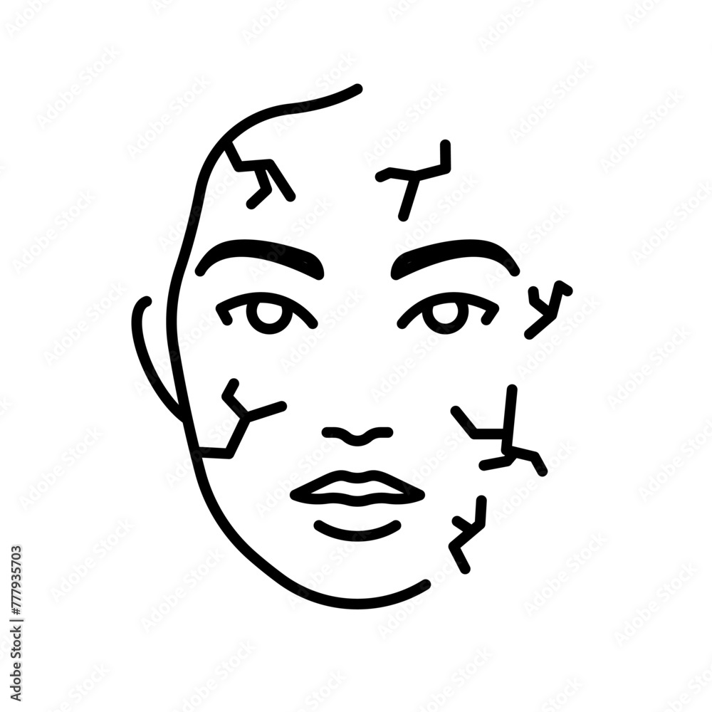 Dry skin, line icon. Skin type symbol. Female face with dehydration ...