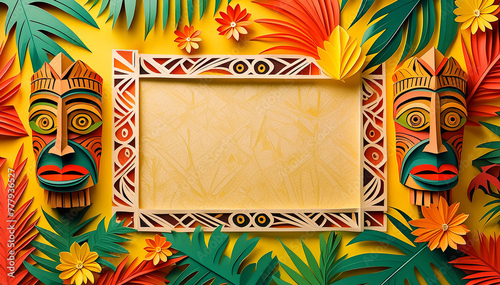 A whimsical tiki frame border with a blank central sign featuring a ...