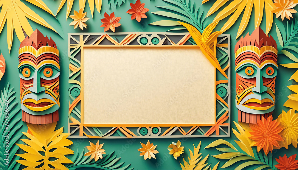 A quirky tiki scene with a blank central sign featuring a polynesian ...