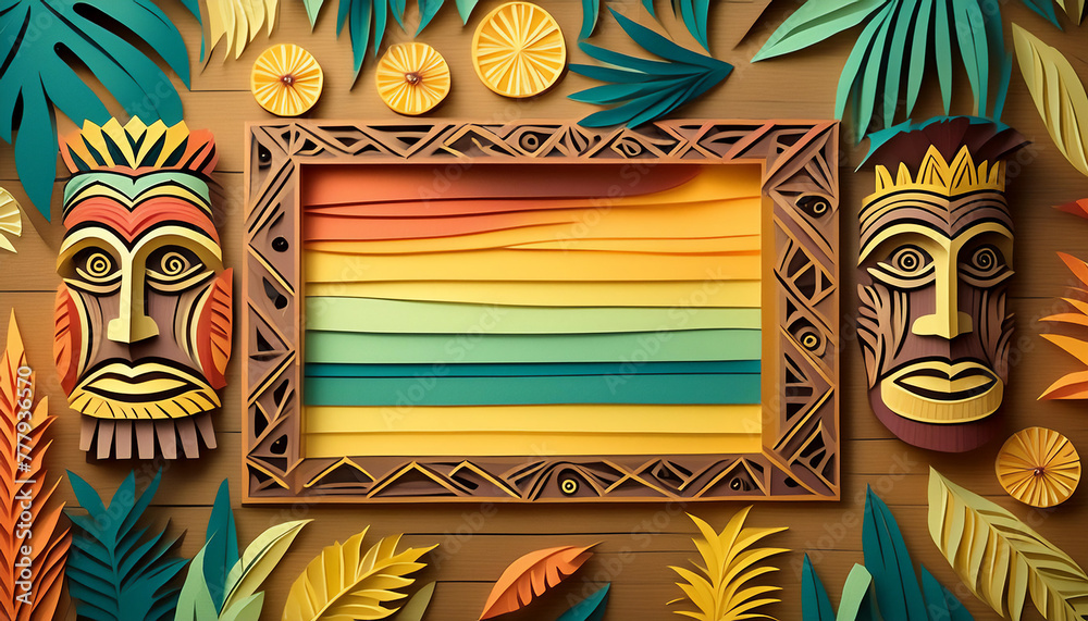 An eccentric and colorful tiki rainbow border with a blank central sign ...