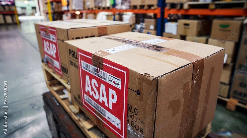 A cardboard package sealed with tape and prominently displaying an ASAP ...