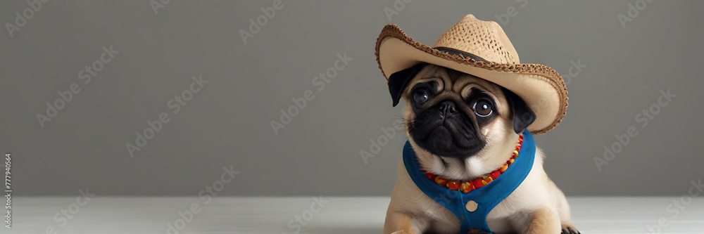 A Mexican style cute innocent pug dog puppy wearing cowboy hat and ...