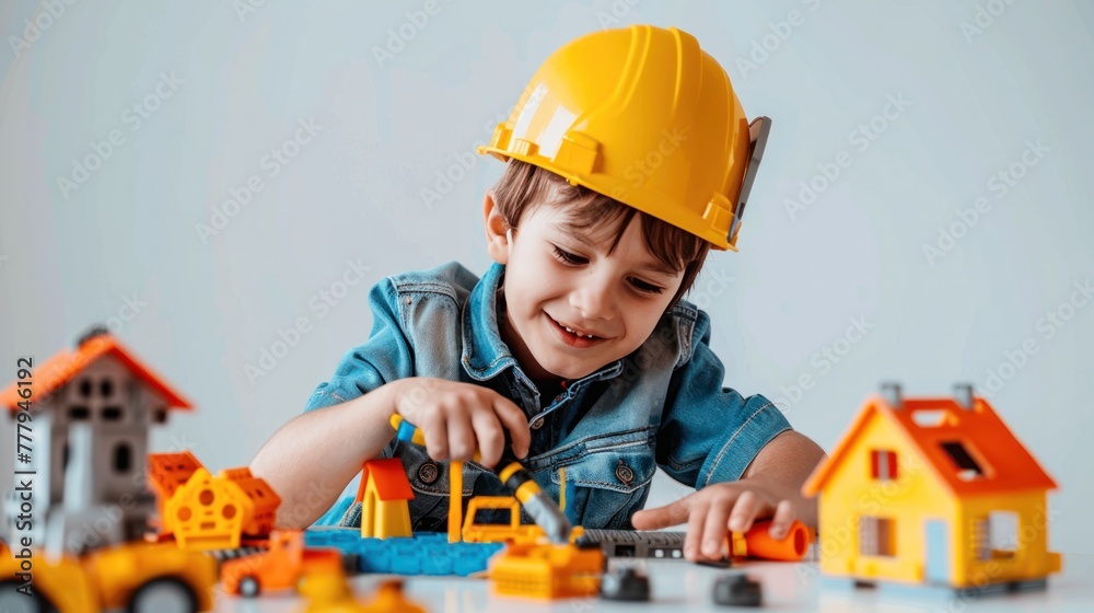 Young child with a hard hat playing with toy construction vehicles and ...