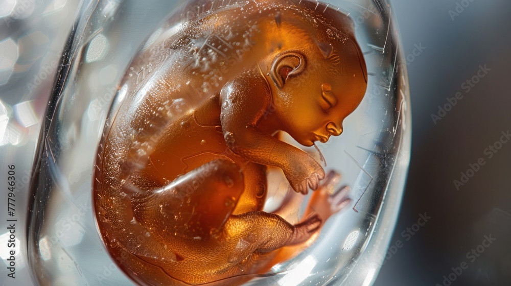 An artistic representation of a human fetus inside a transparent sphere ...