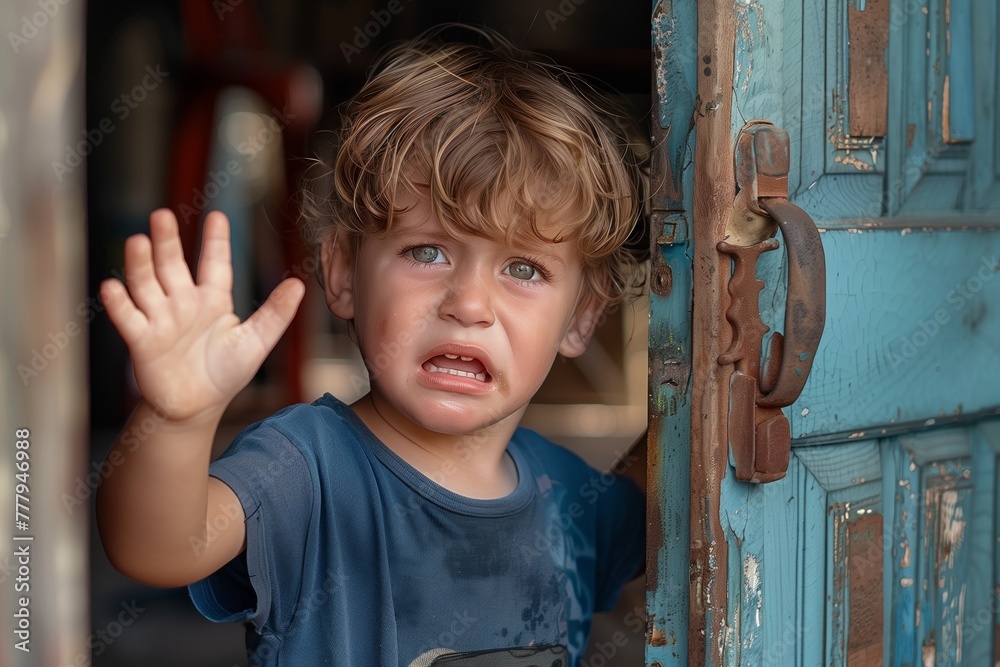 Kid stay alone looking out of the door with bored face. Close up ...