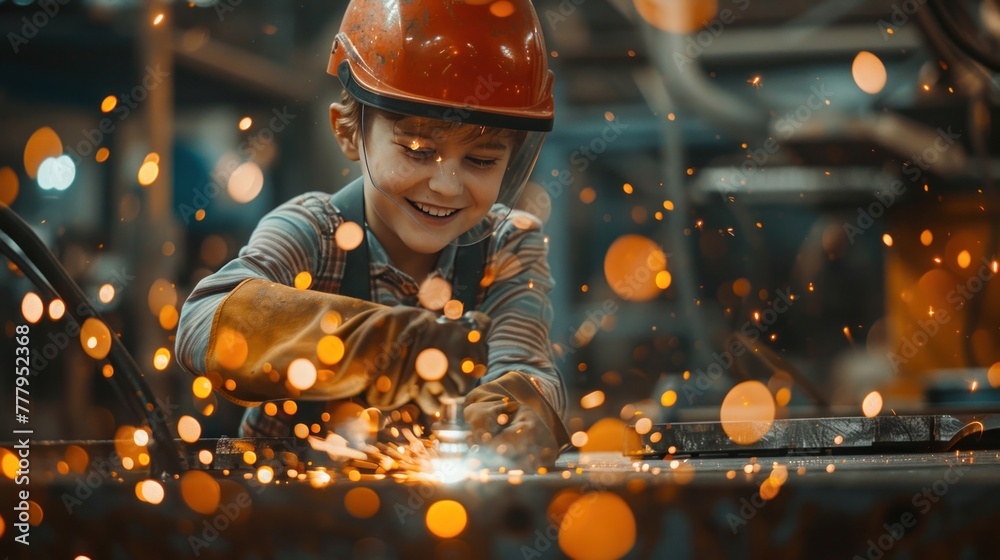 A smiling child in a safety helmet engaging in welding work with sparks ...