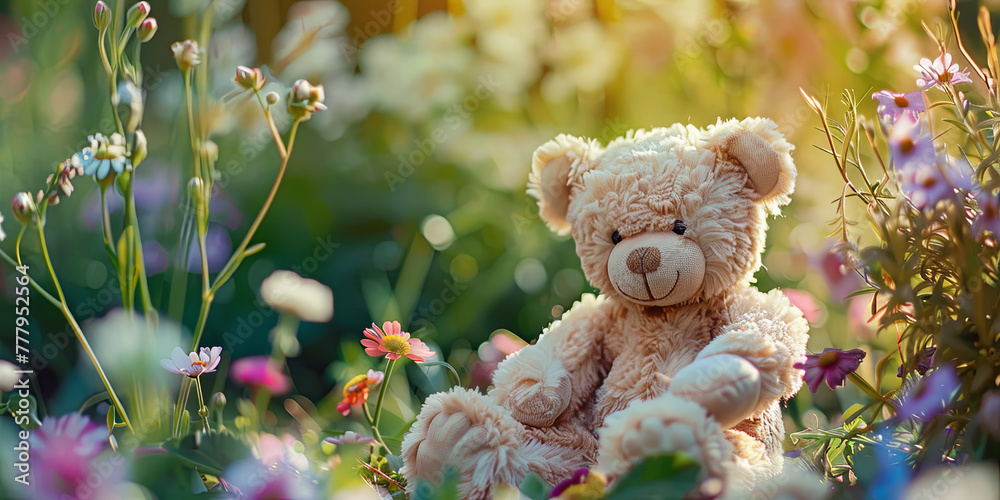 cute teddy bear sitting in the garden of flowers, generative AI Stock ...