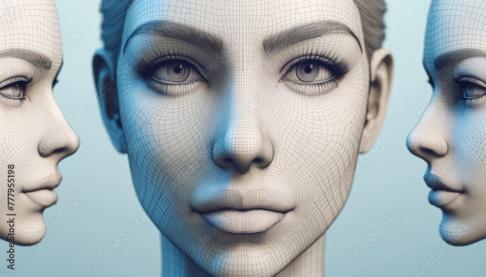 3D wireframe model that captures the structure of a woman's face in detail, showcasing eyes ...