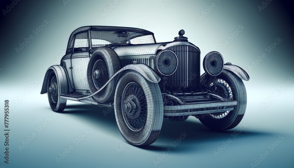 ภาพประกอบสต็อก 3D wireframe model of a classic car, showcasing the body ...