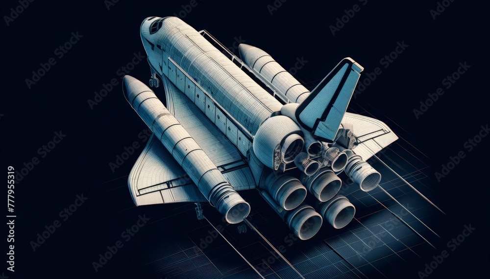 3D wireframe model of a space shuttle, showcasing the fuselage, wings ...