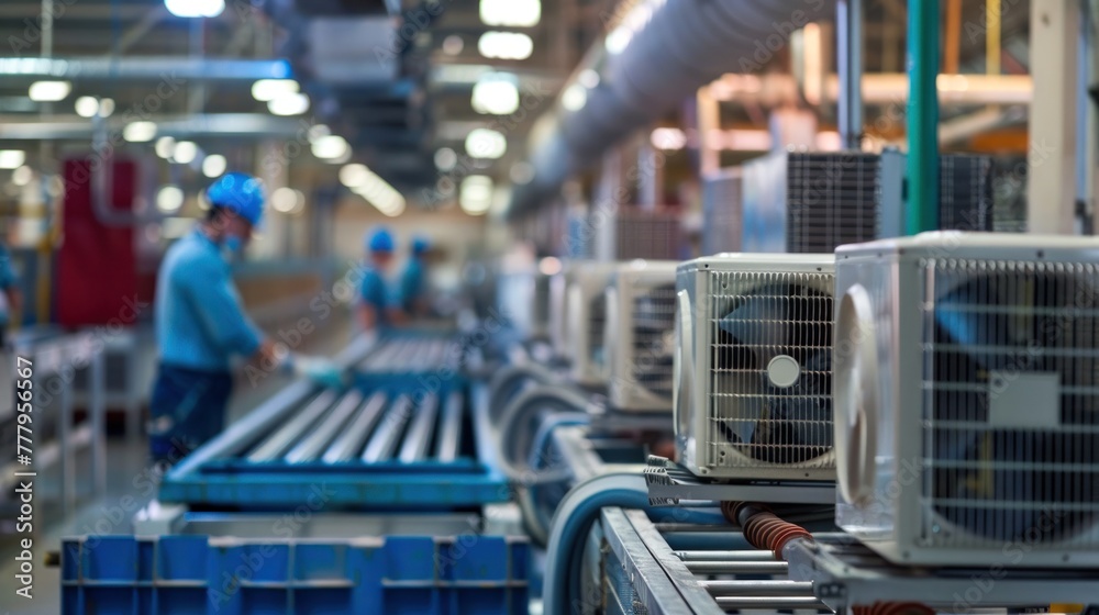 Workers assembling air conditioners on a production line in a modern ...