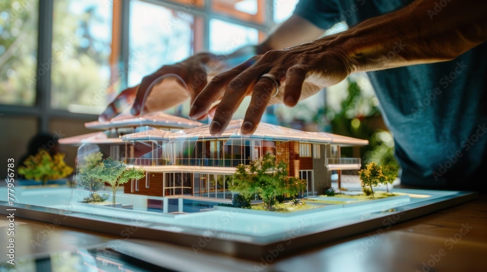 Architect reviewing a detailed scale model of a modern residential ...