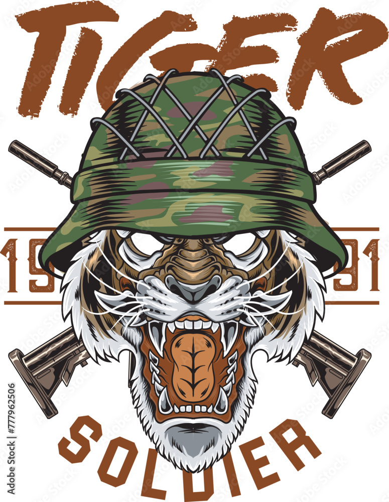 Vector Illustration of Tiger Wearing Soldier Helmet with M4A1 Rifle ...