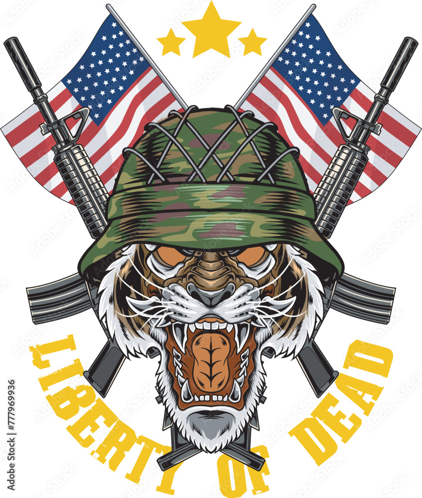 Vector Illustration of Tiger Wearing Soldier Helmet with American Flags ...