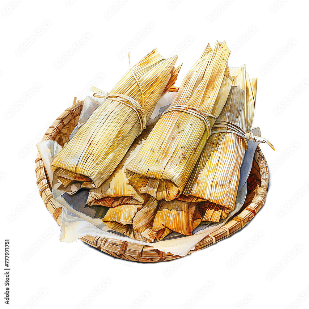 A hand-drawn watercolor illustration of tamales. Mexican dish. High ...