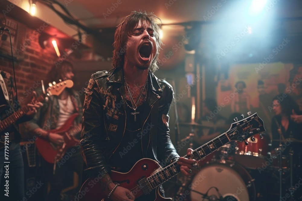 Rock star performing on stage with his band in front of a live audience ...