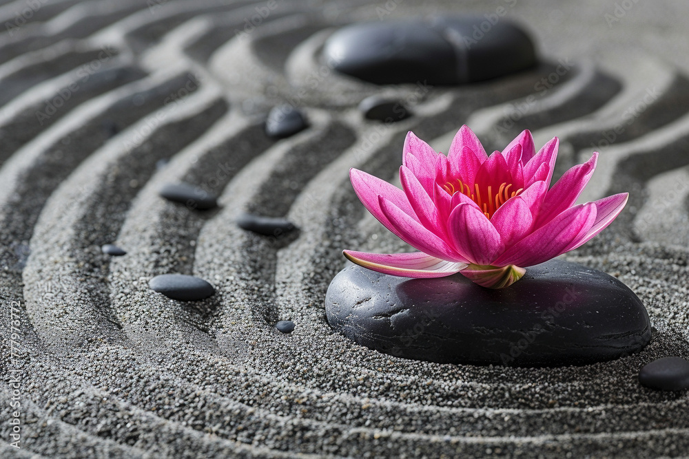 An image of a traditional Zen garden with raked sand lines and ...
