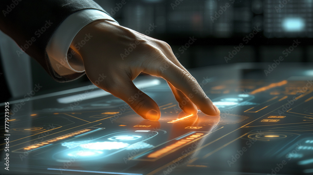 People hand touching with futuristic digital screen on a new project of ...