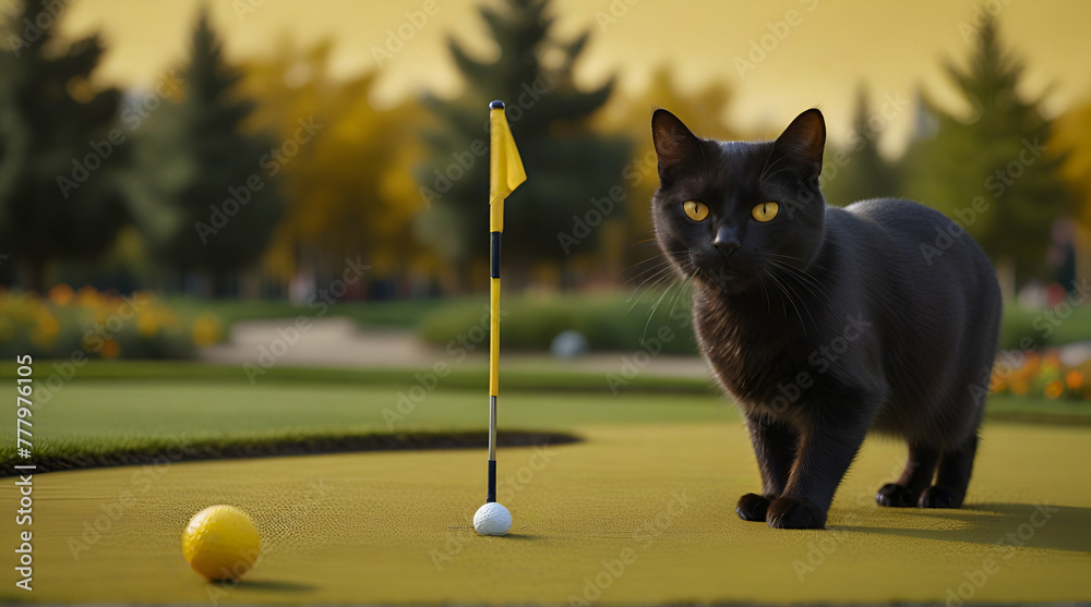Surreal of a Black Cat Playing Golf in Miniature Golfing Attire on a ...