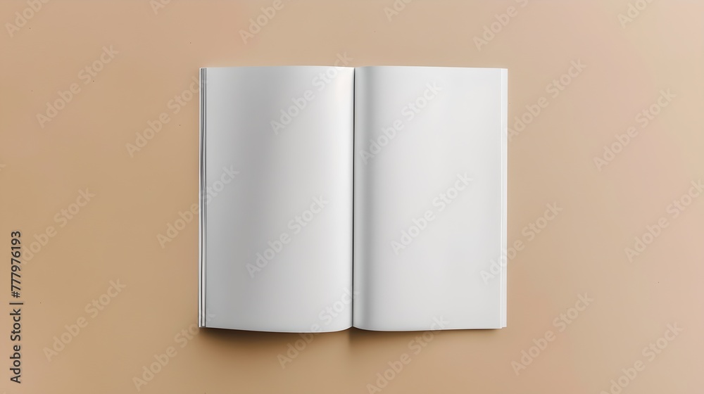 Open blank magazine on a beige background. Minimalist and clean design ...