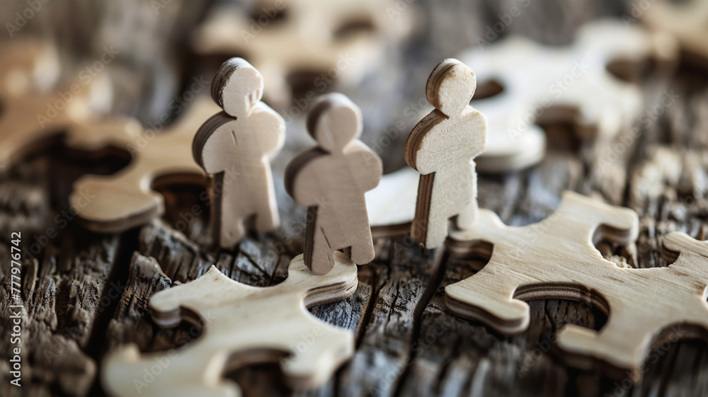 The little wooden men arranged between the puzzle pieces on the table ...