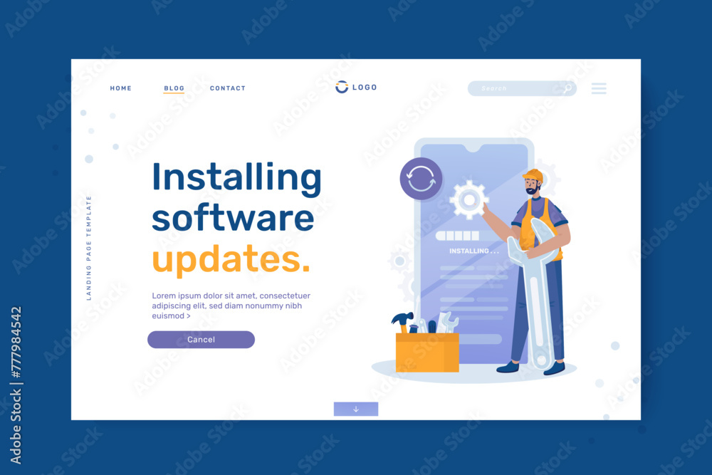 Installing software updates illustration on landing page design Stock ...