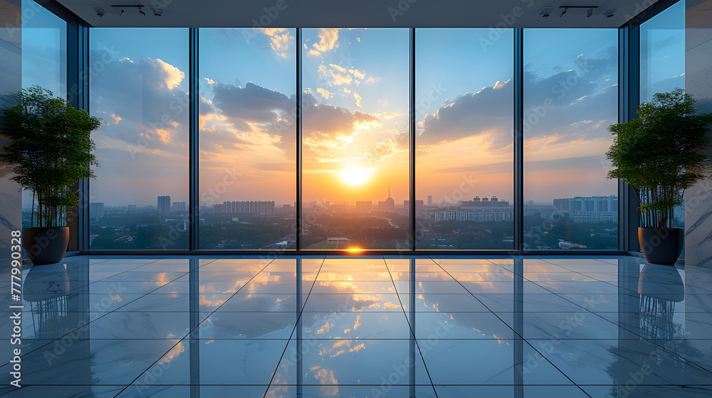 Sunrise view through the panoramic windows of a high-rise office. 3D ...