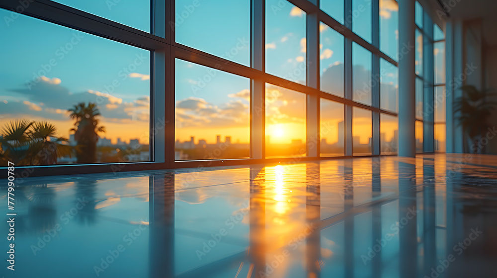 Modern interior with expansive glass windows featuring a sunset ...