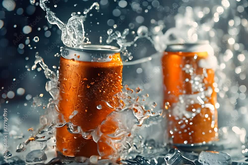 Two aluminum cans of soda are shown being splashed with water, causing ...