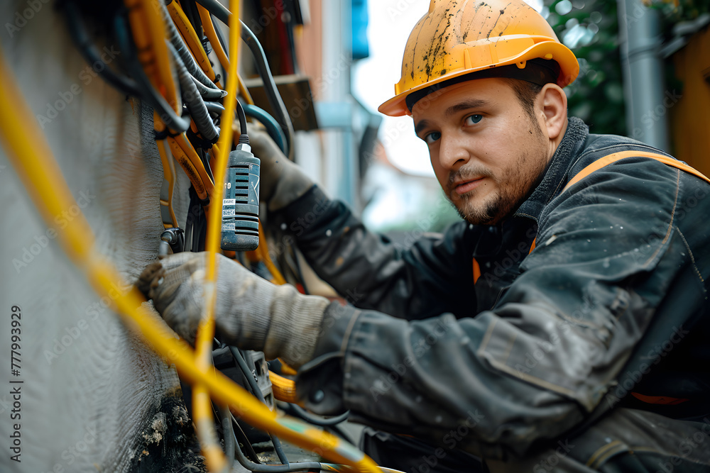 Electrician with hard hat working on cables. Close-up industrial worker ...