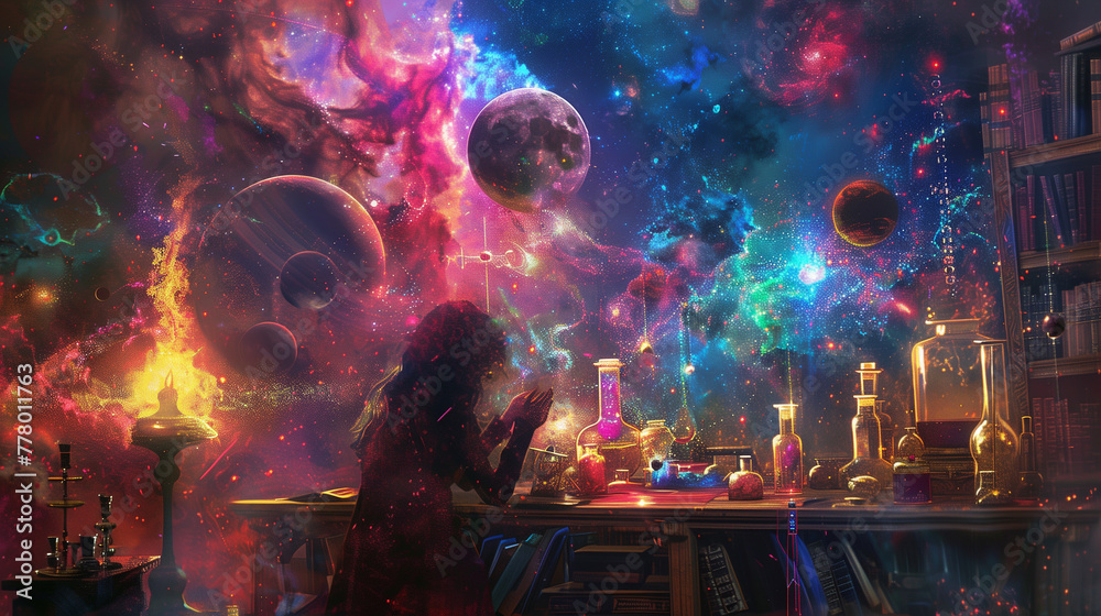 Cosmic Alchemy : The room, adorned with alchemical tools, morphs ...