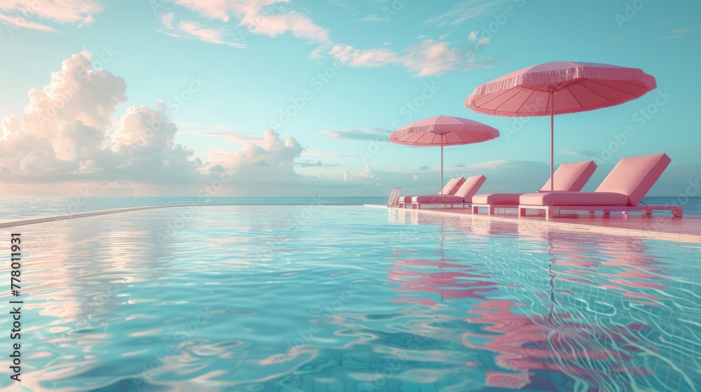 A surreal pink-toned poolside scene with palm trees, sun loungers, and ...