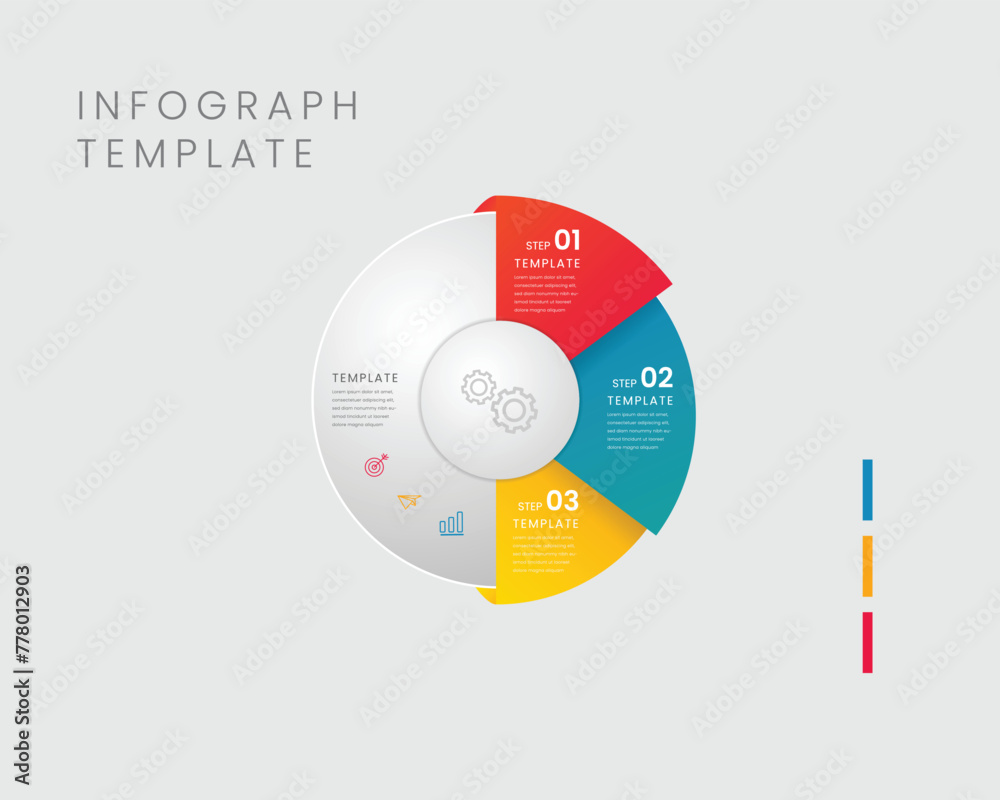 Semicircular pie chart divided into 3 colorful sectors. Concept of three features of startup ...