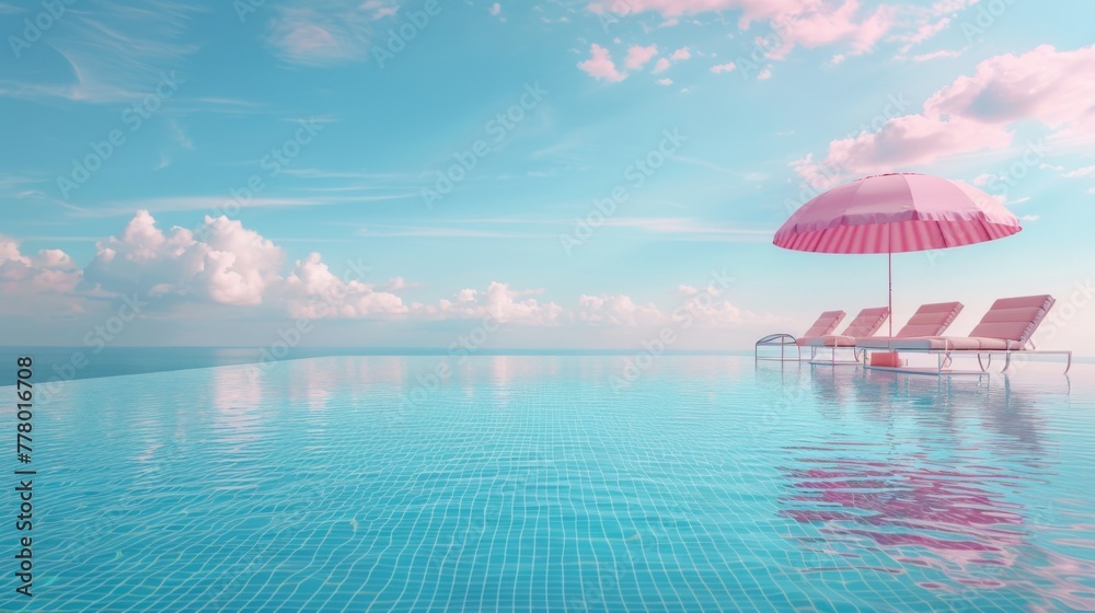 A surreal pink-toned poolside scene with palm trees, sun loungers, and ...