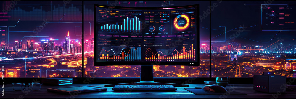 A modern computer monitor displays data analysis with histograms and ...