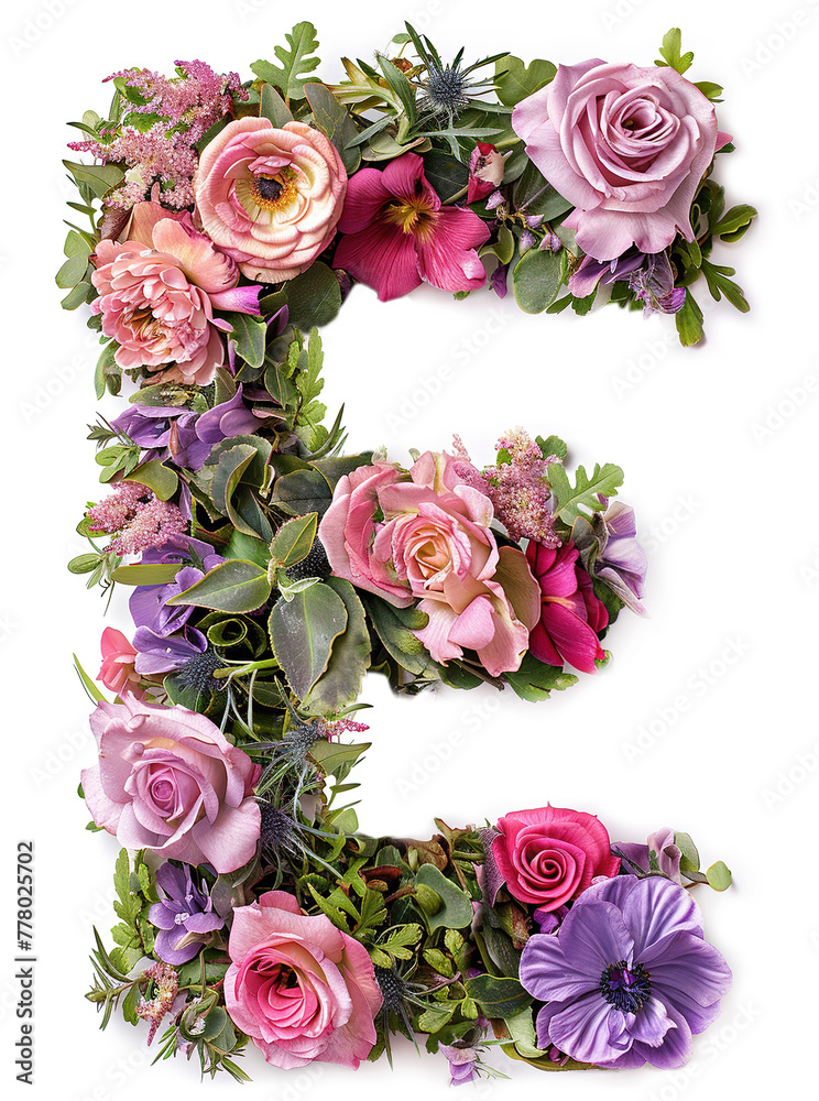 Flower font alphabet E made of colorful floral letter on white ...