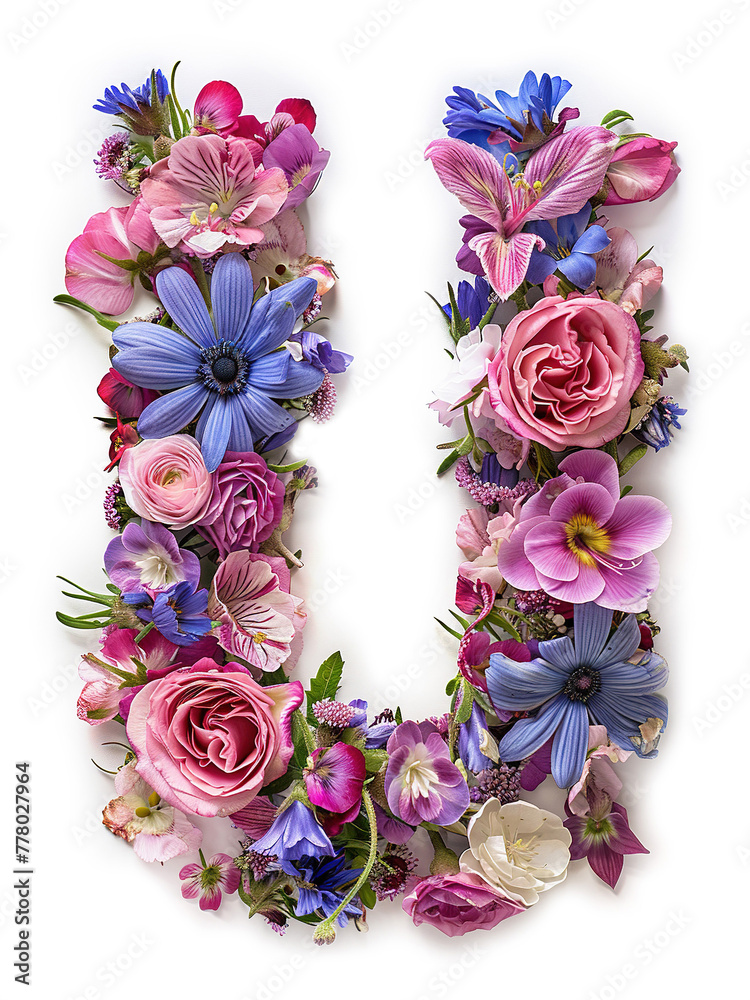 Flower font alphabet U made of colorful floral letter on white ...