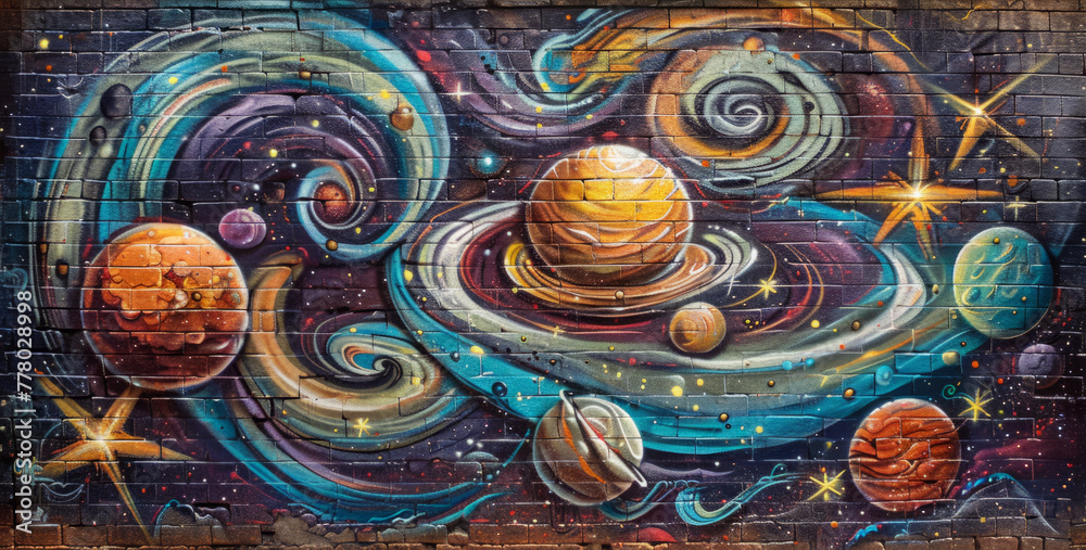 Solar System Graffiti Art on a Brick Wall A vibrant brick wall mural ...