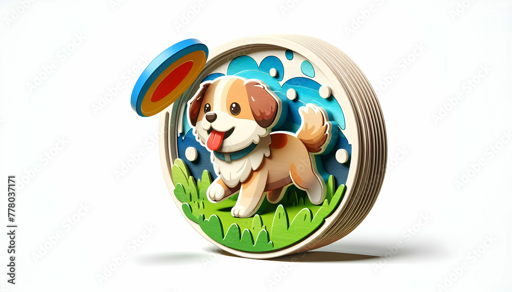 3d flat icon as Fetching Fun A dog fetching a watercolor frisbee in a ...