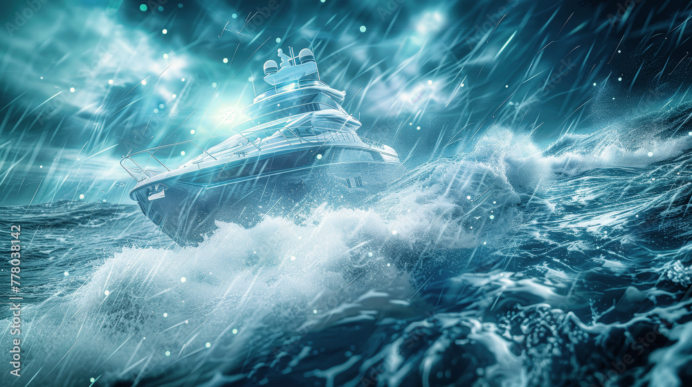 A sea yacht battles fierce waves and dark clouds in the midst of a ...