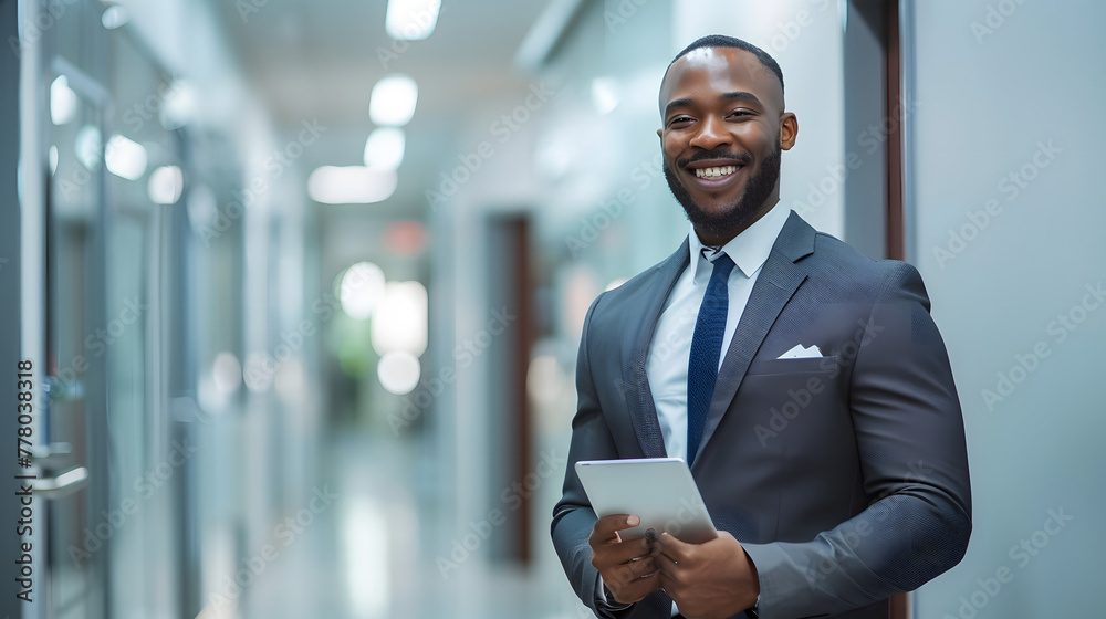 Pharmaceutical sales rep portrait in modern medical facility hallway ...
