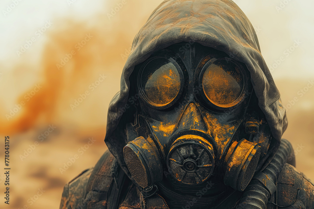 surviving male warrior in gas mask in desert in post-apocalyptic world ...