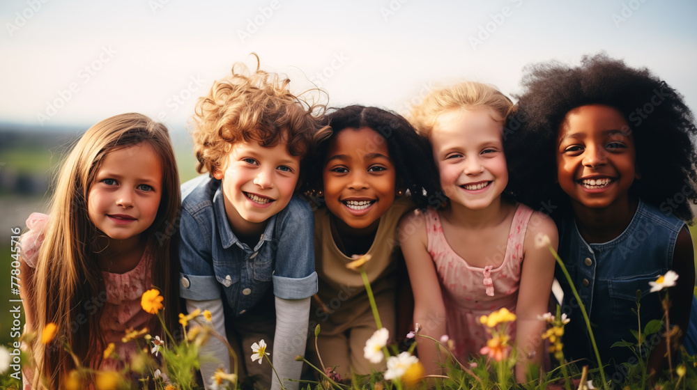 Multicultural children hanging out with friends. in the countryside ...