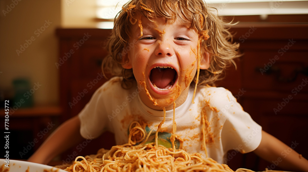 Child boy enjoy eating spaghetti for lunch and making a mess at home in ...