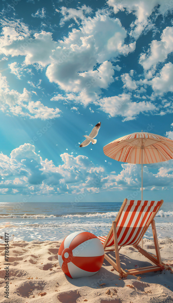 Vertical recreation of a lounger beach, a beach umbrella and a beach ...