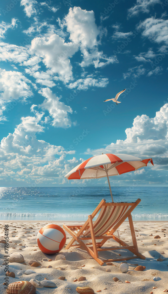 Vertical recreation of a lounger beach, a beach umbrella and a beach ...