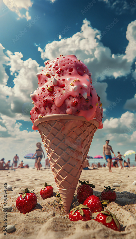 Vertical recreation of a caricature of a super extreme strawberry ...