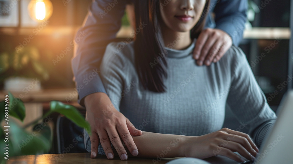 Harassment at work, woman sad angry terrified scared afraid, man, stop no, pressure unhappy male ...